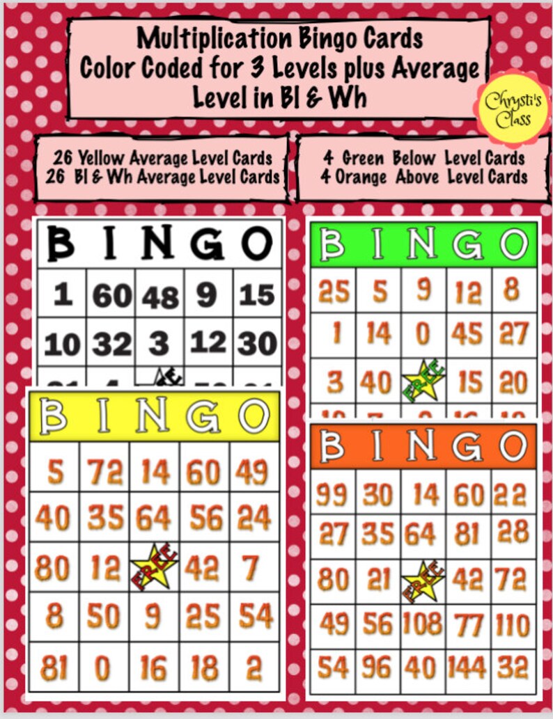 Multiplication Bingo Game in 3 Levels Print and Play With Charts ...