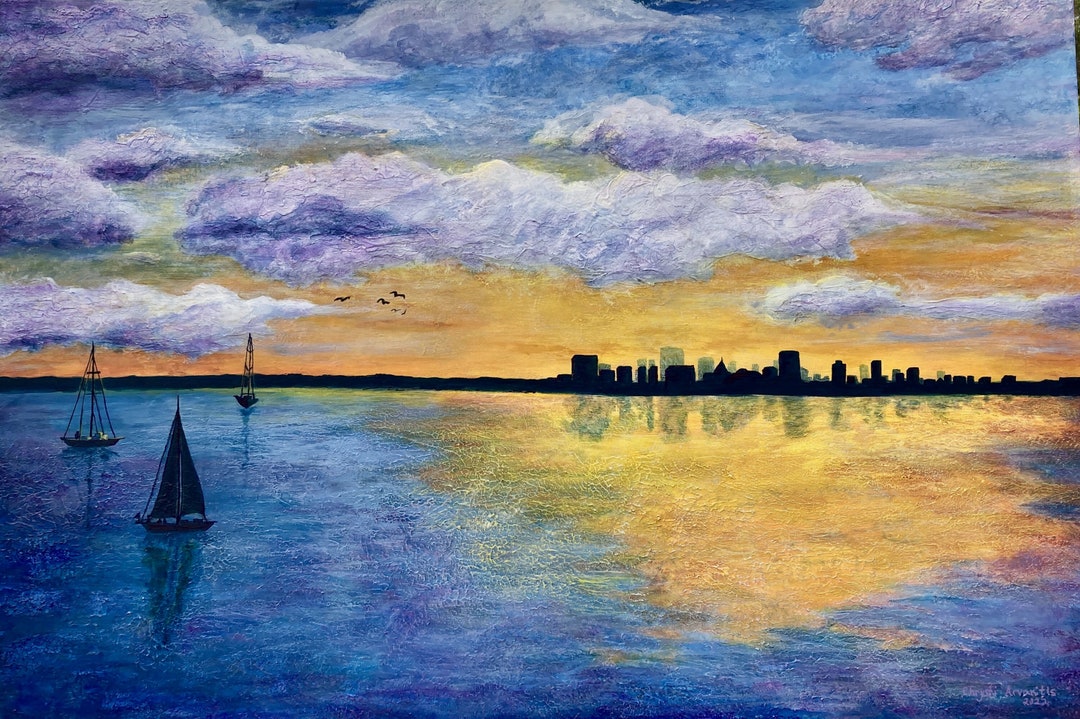 Large Tamp Bay, Florida Painting With St. Pete Skyline, and Boats ...