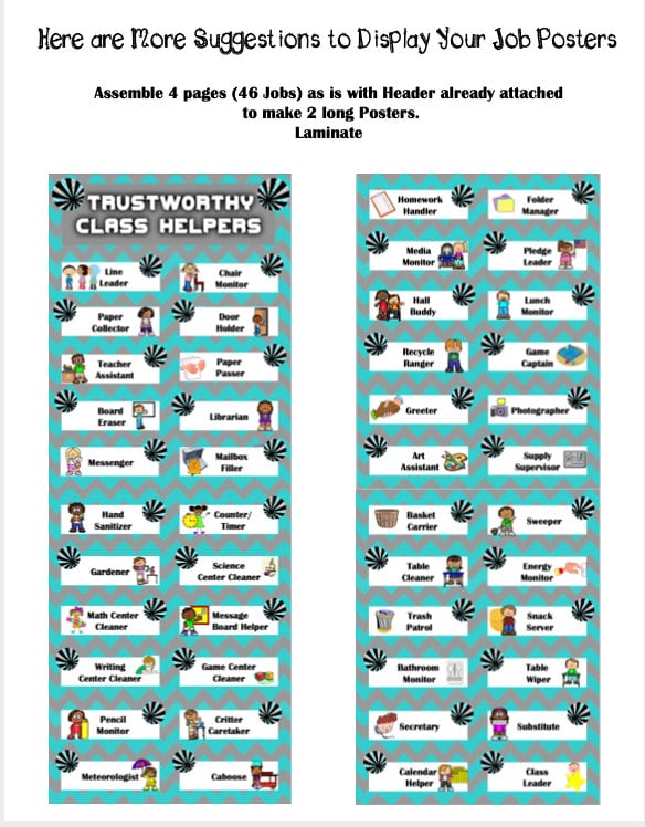 50+ Classroom Job Charts in Teal, Gray, Black, and White With Editable ...