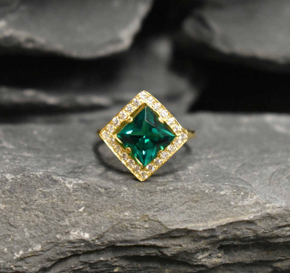 Gold Emerald Ring Emerald Engagement Ring Created Emerald | Etsy