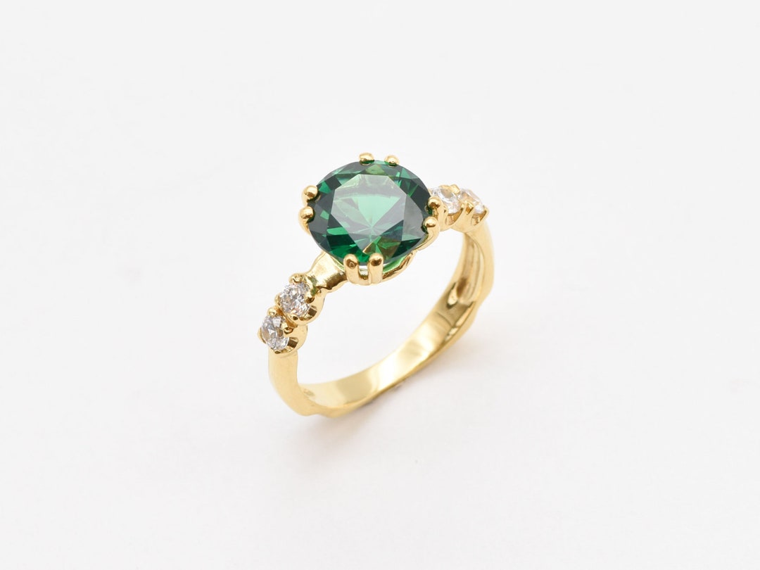 Gold Emerald Ring, Created Emerald, Green Promise Ring, Vintage Round ...