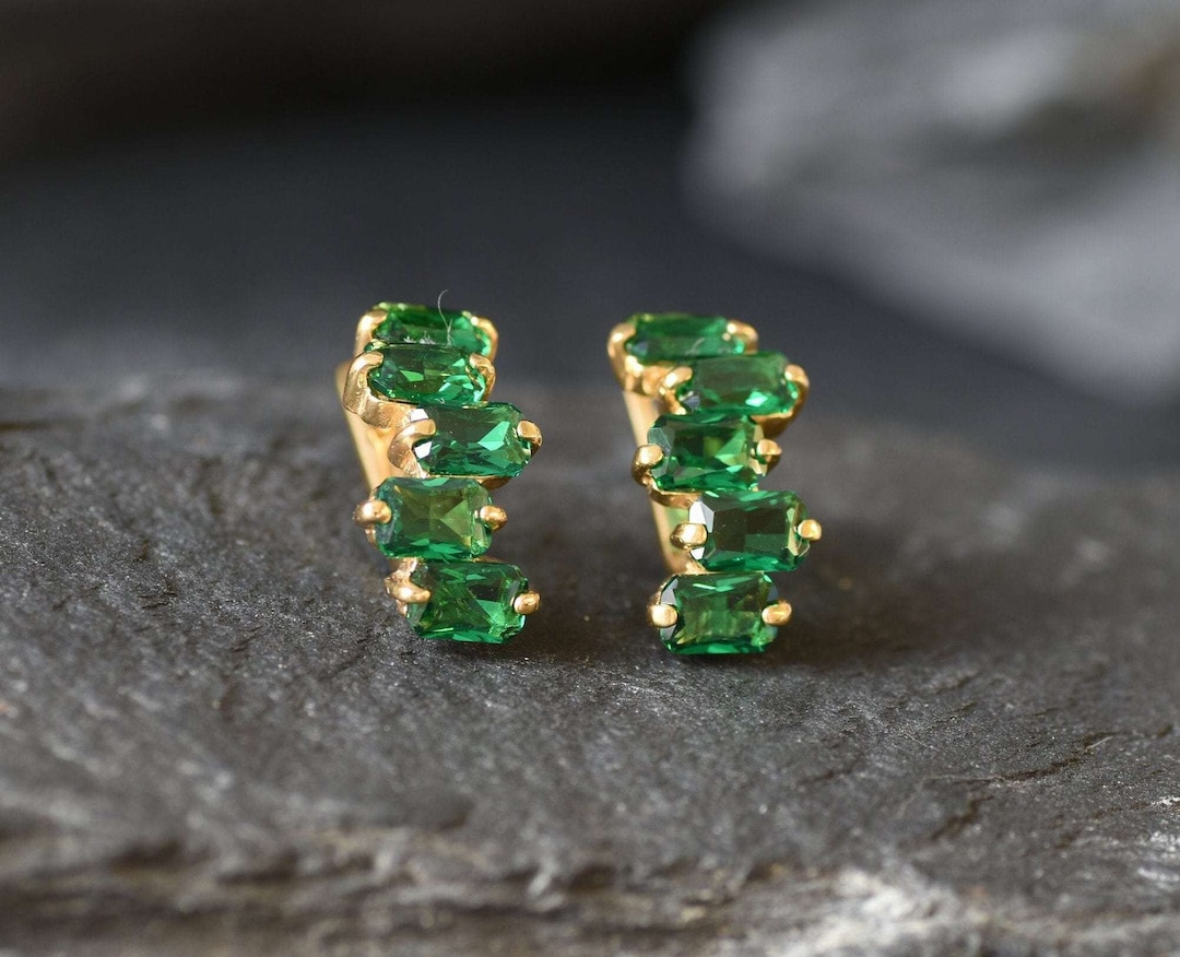 Gold Emerald Earrings, Created Emerald, Gold Baguette Earrings, Gold ...