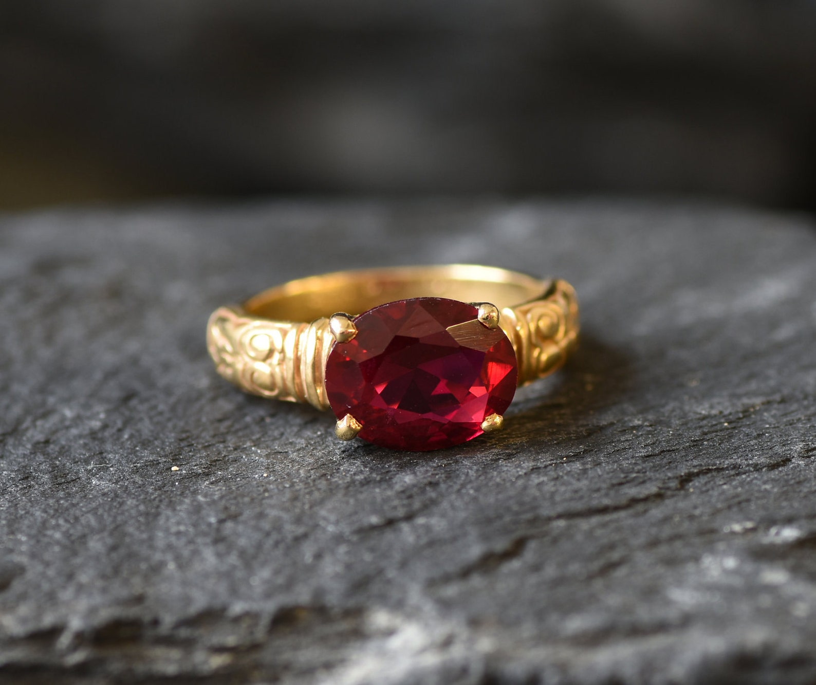 Gold Ruby Ring Created Ruby Red Boho Ring Horizontal Ring | Etsy