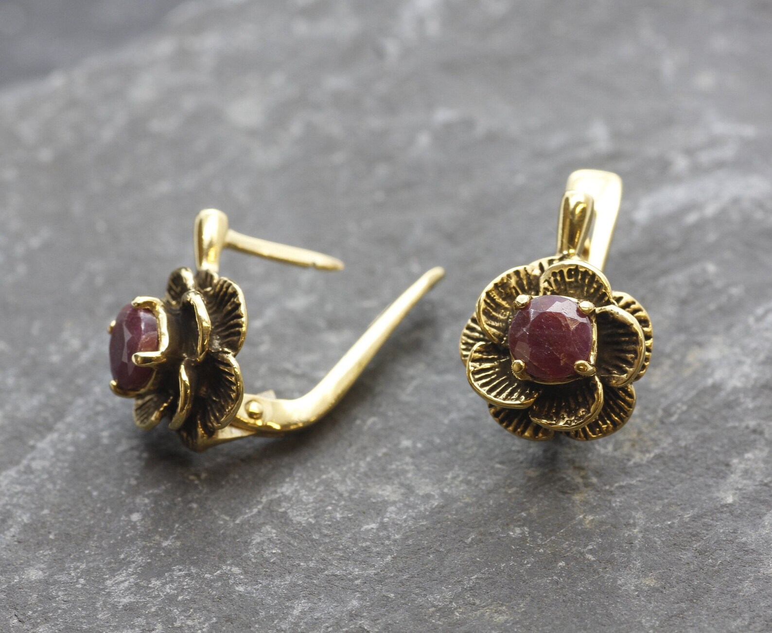Gold Rose Earrings Natural Ruby July Birthstone Gold Ruby - Etsy UK