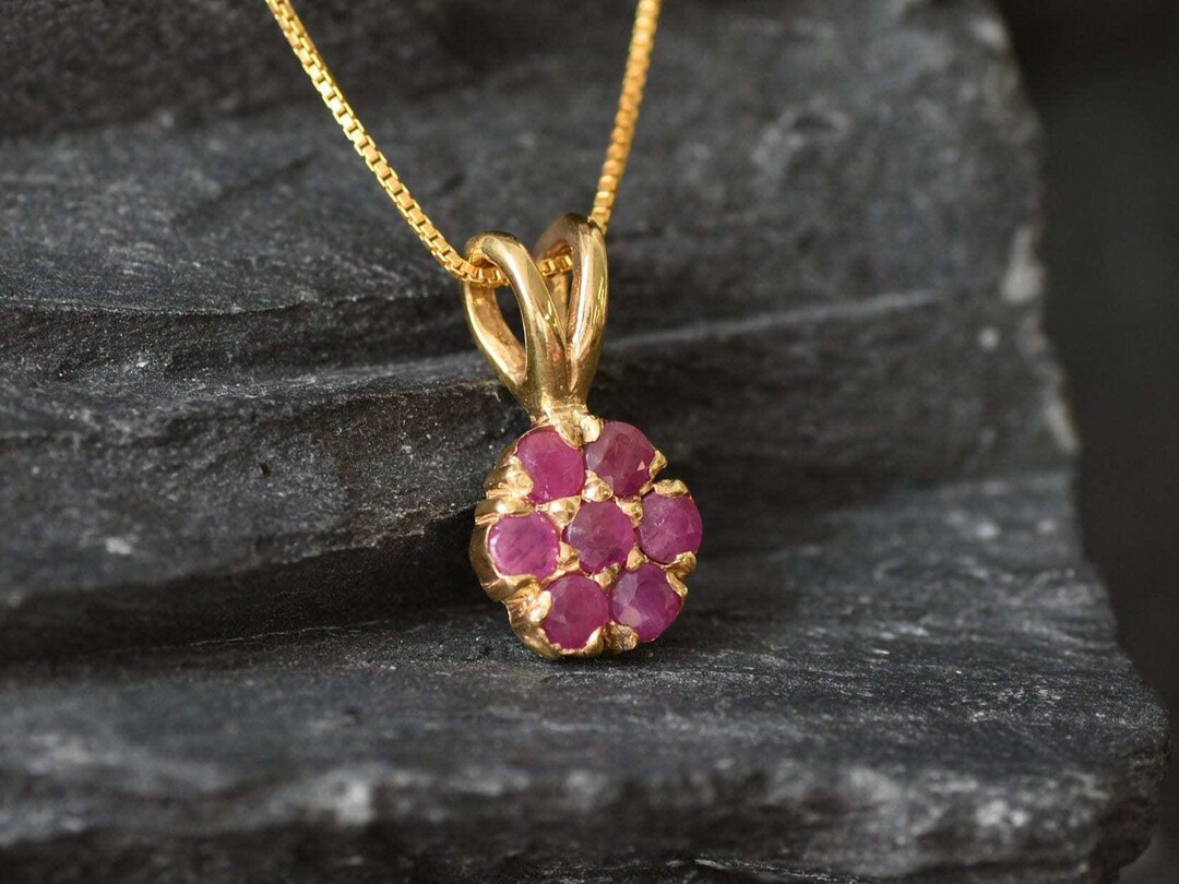 Gold Ruby Pendant, Natural Ruby, Red Flower Pendant, Daisy Pendant ...