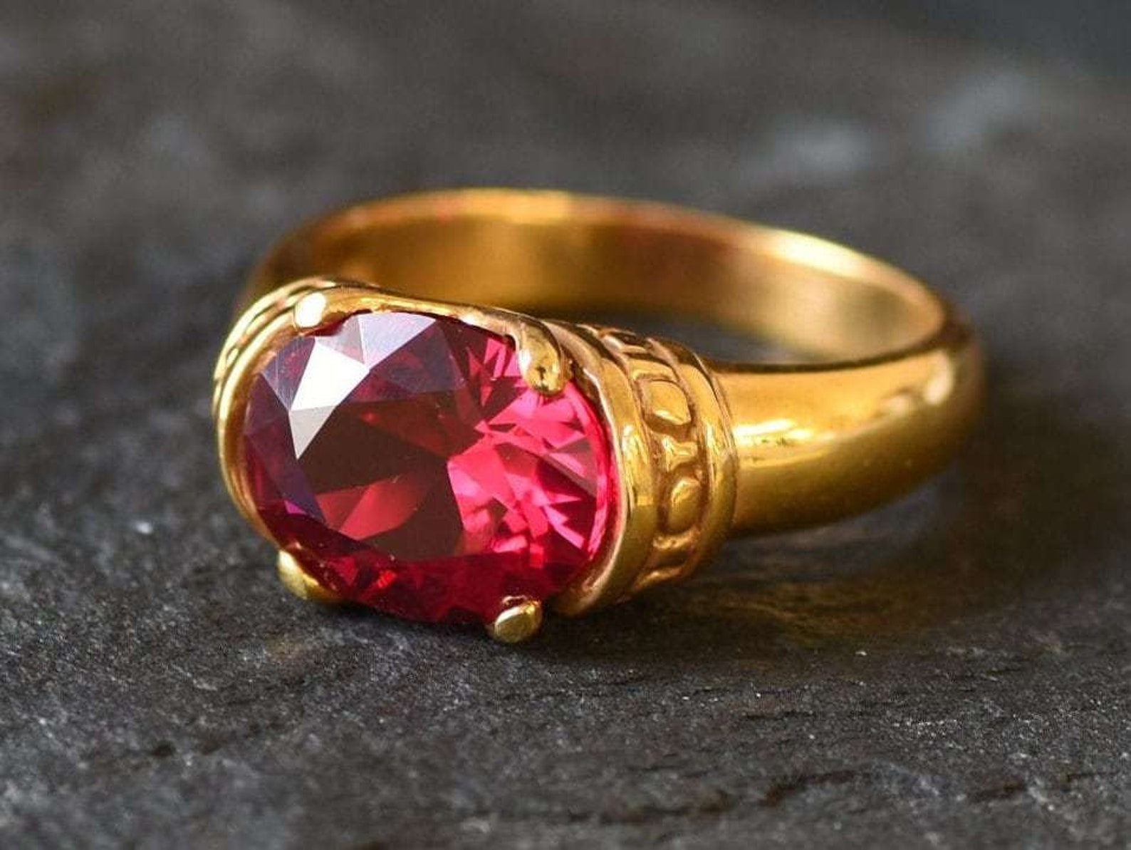Gold Ruby Ring, Antique Ring, Created Ruby, Gold Plated Ring, 3 Carat ...