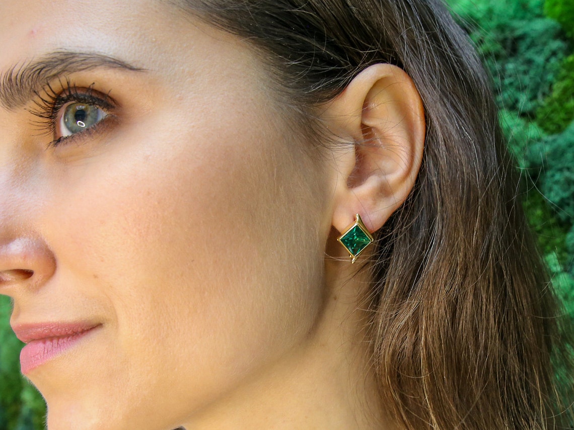 Gold Emerald Earrings Created Emerald Square Studs Princess - Etsy