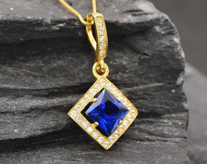 Square Sapphire Pendant, Created Sapphire, Blue Square Necklace ...