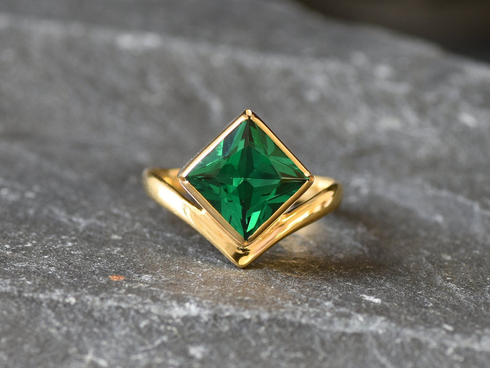 Gold Emerald Ring Created Emerald Gold Square Ring Gold | Etsy