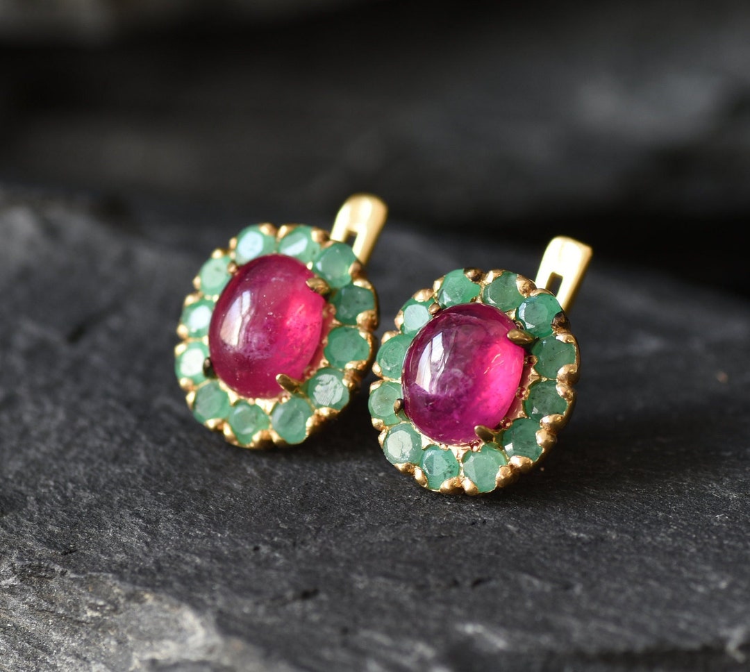 Gold Ruby Earrings, Natural Ruby, Natural Emerald, Victorian Earrings ...