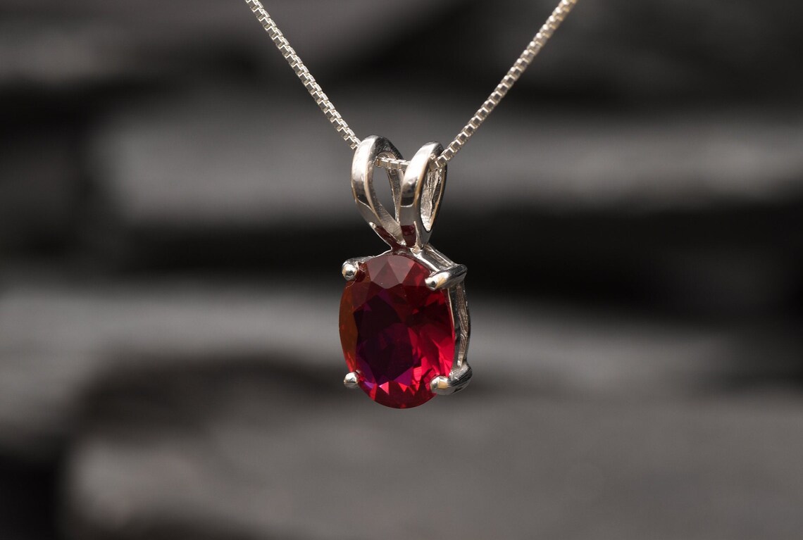 Red Ruby Pendant Created Ruby White Gold Necklace Red Oval | Etsy