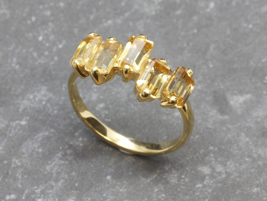 Gold Citrine Band, Emerald Cut Ring, Natural Citrine, Baguette Band ...