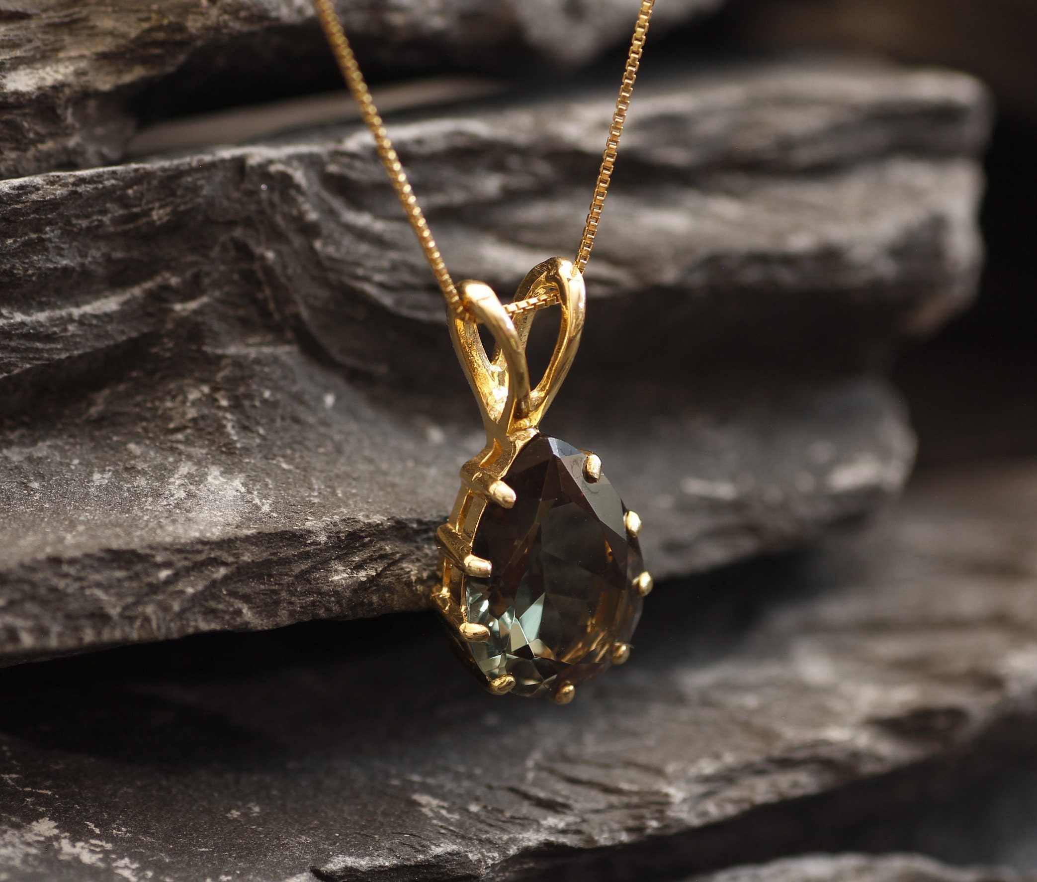 Green Diamond Pendant Created Diamond Gold Pear Pendant | Etsy