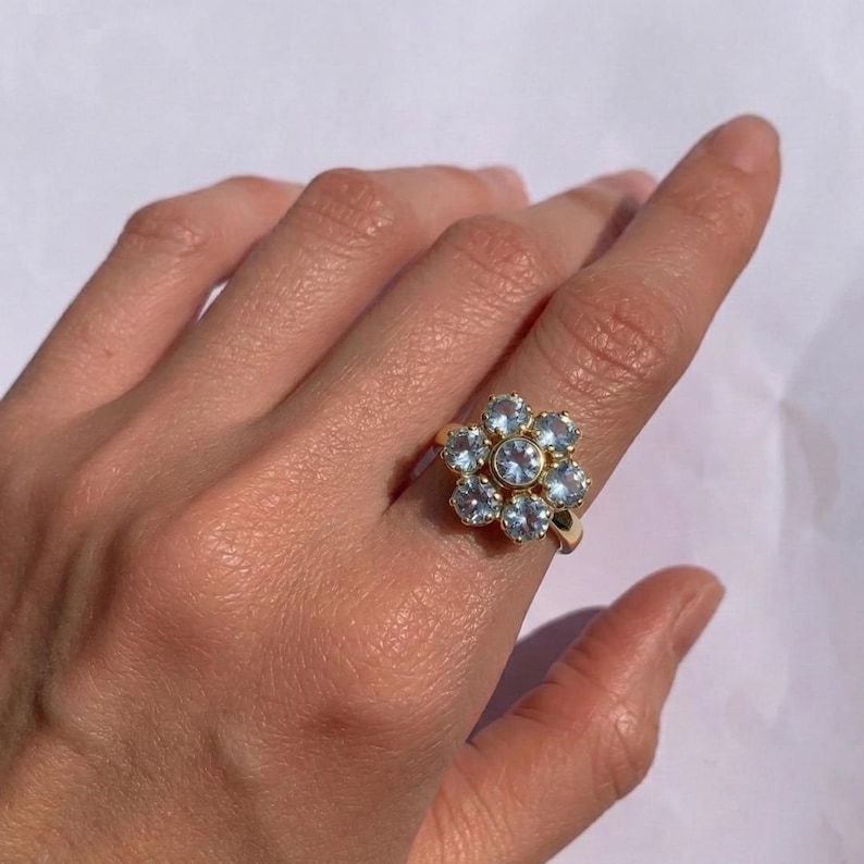Gold Aquamarine Ring, Blue Daisy Ring, Created Aquamarine, March ...
