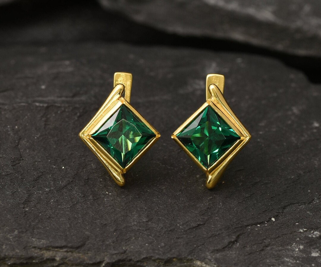 Gold Emerald Earrings, Created Emerald, Square Studs, Princess Cut ...
