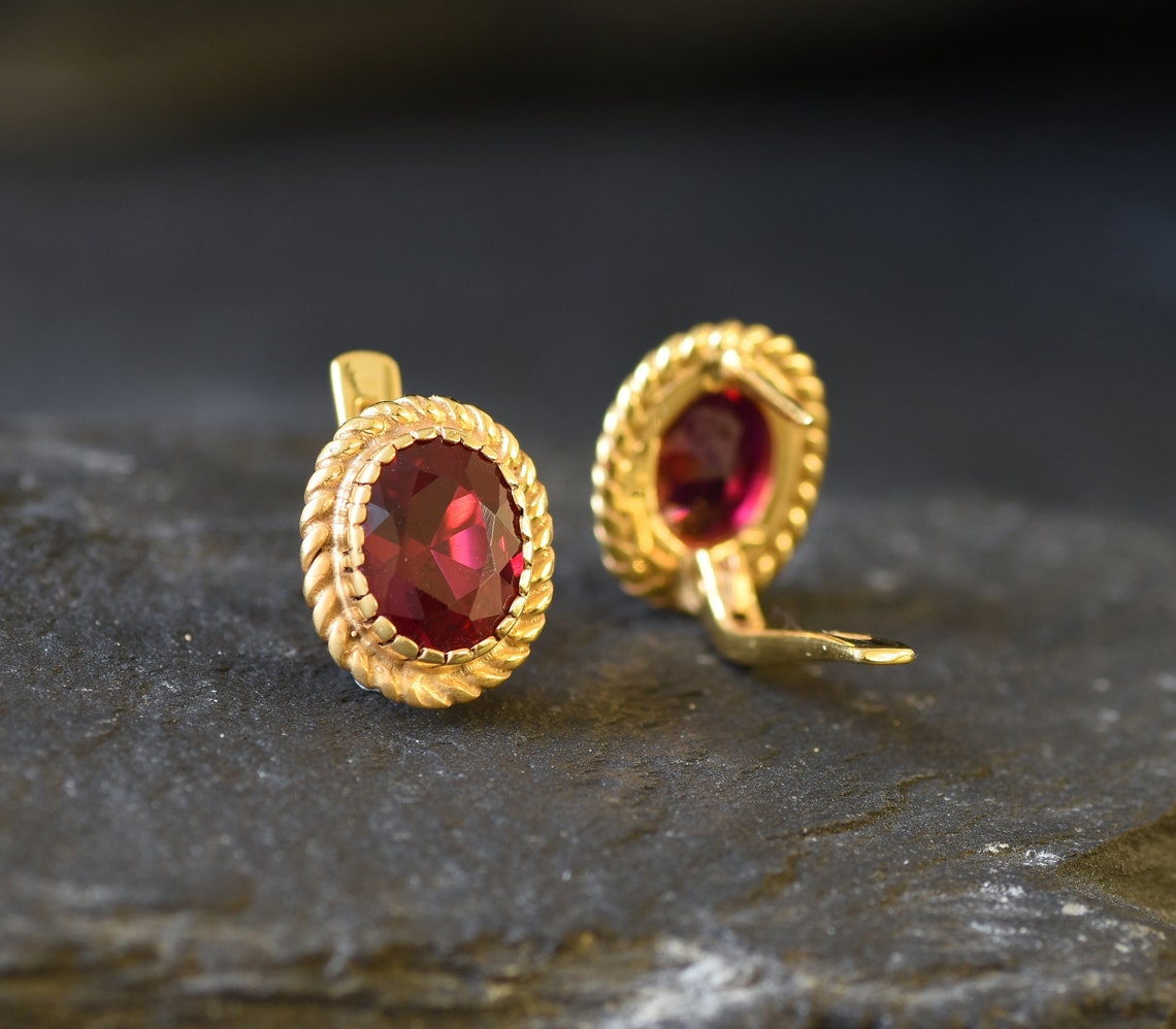 Gold Ruby Earrings Created Ruby Vintage Earrings Gold | Etsy