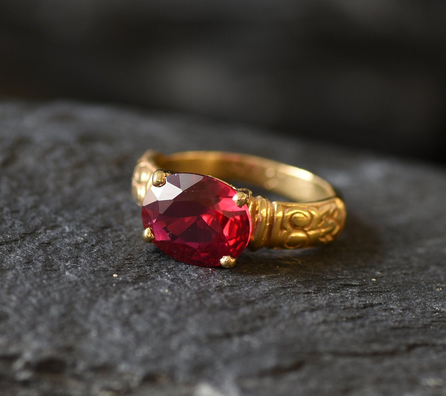 Gold Ruby Ring Created Ruby Red Boho Ring Horizontal Ring | Etsy