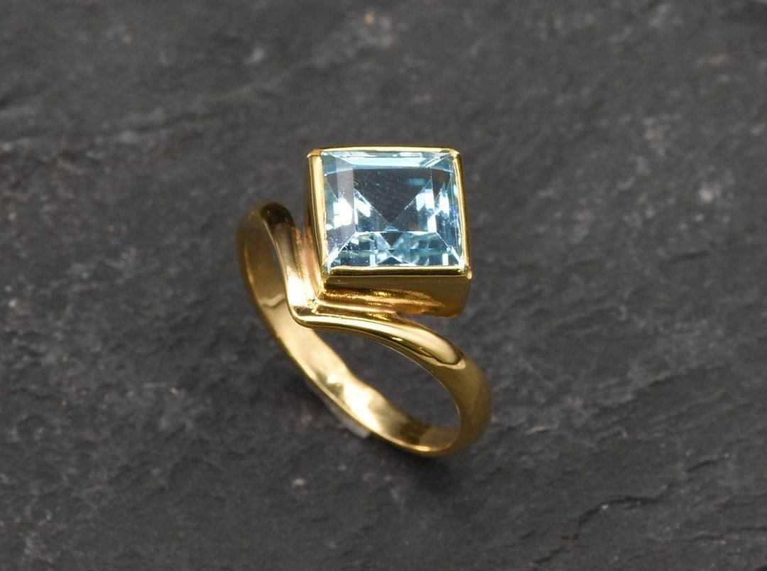 Gold Blue Topaz Ring, Square Ring, Natural Blue Topaz, December ...