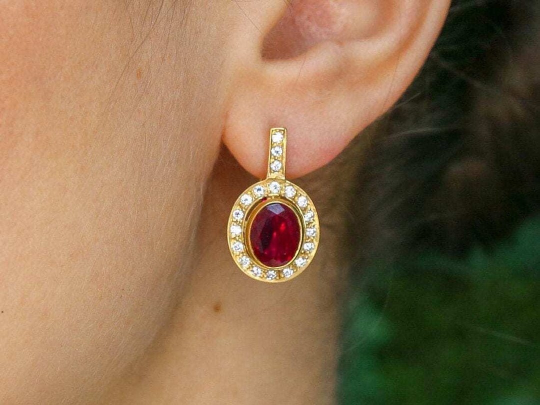 Gold Ruby Earrings, Antique Earrings, Created Ruby, Vintage Earrings ...