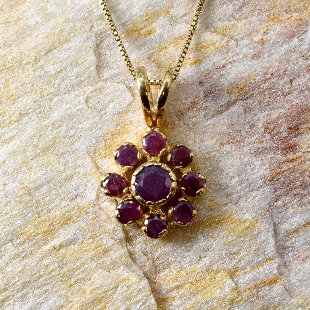 Ruby Flower Pendant, Genuine Ruby Necklace, Gold Ruby Pendant, Red ...
