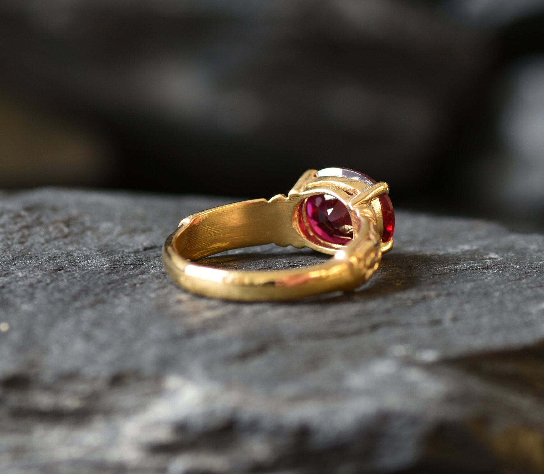 Gold Ruby Ring Created Ruby Red Boho Ring Horizontal Ring | Etsy