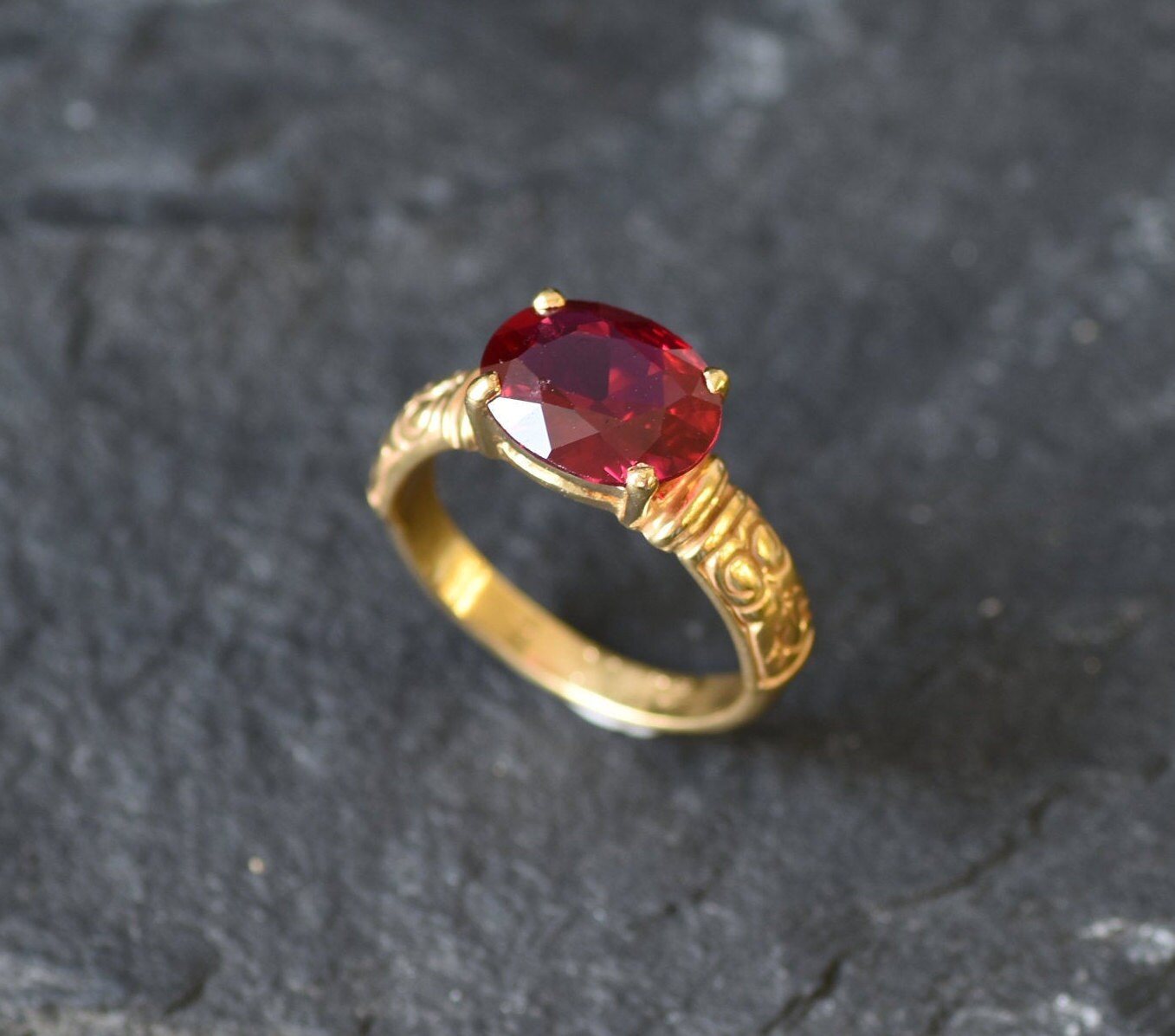 Gold Ruby Ring Created Ruby Red Boho Ring Horizontal Ring | Etsy
