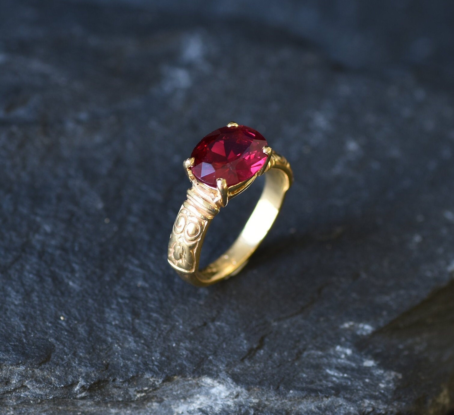 Gold Ruby Ring Created Ruby Red Boho Ring Horizontal Ring | Etsy