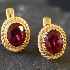 Gold Ruby Earrings, Created Ruby, Vintage Earrings, Gold Plated Earrings, Red Ruby Studs, Red ...