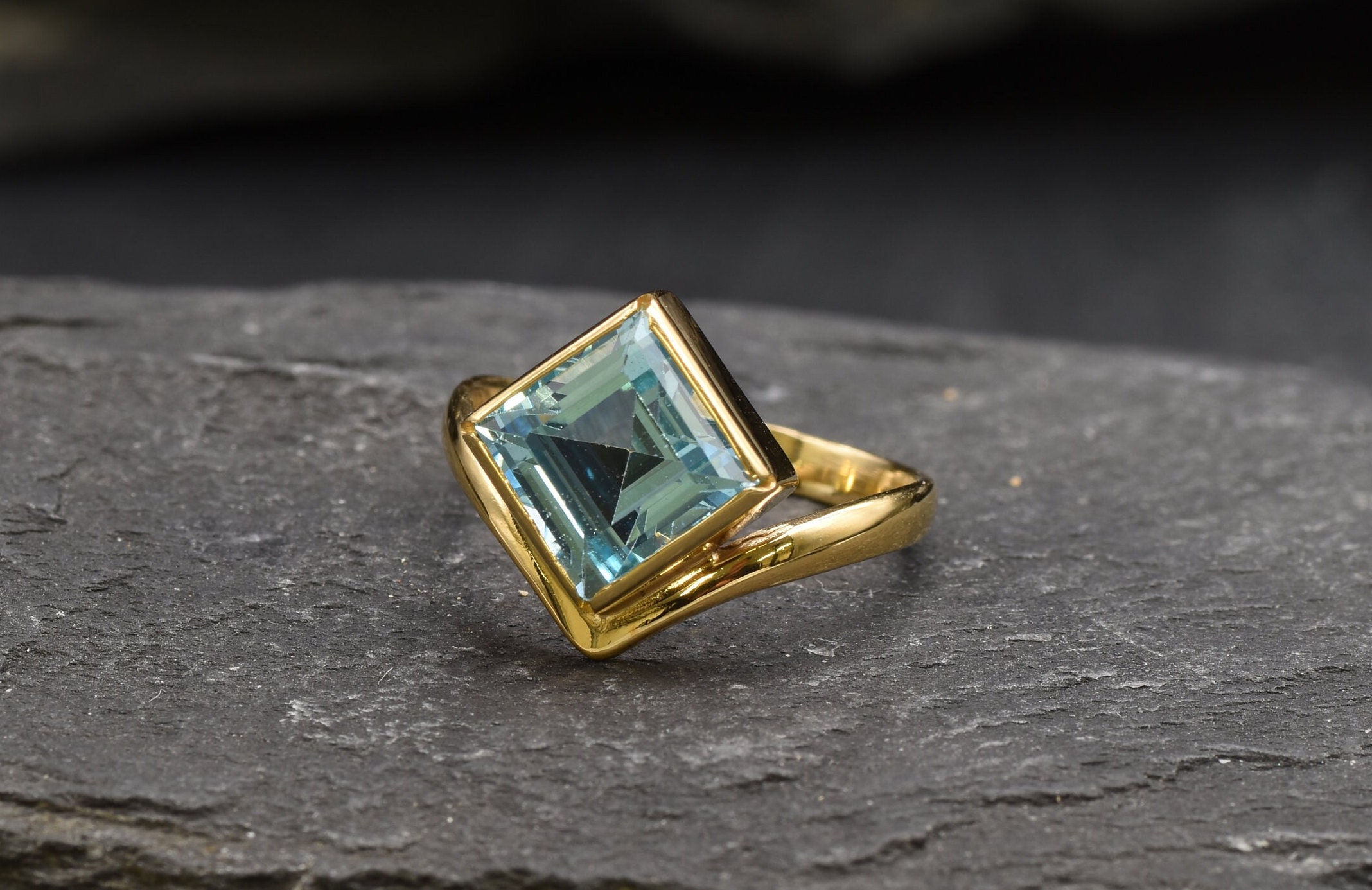 Gold Blue Topaz Ring Square Ring Natural Blue Topaz | Etsy