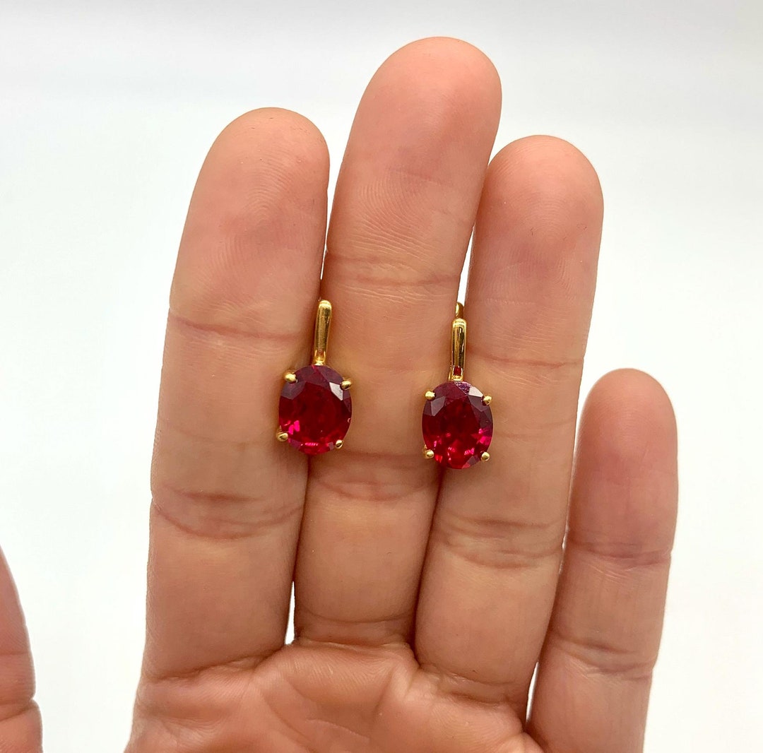 Red Ruby Earrings, Created Ruby Earrings, Red Oval Earrings, Gold Ruby ...