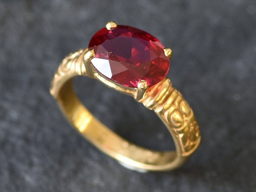 Gold Ruby Ring Created Ruby Red Boho Ring Horizontal Ring - Etsy UK