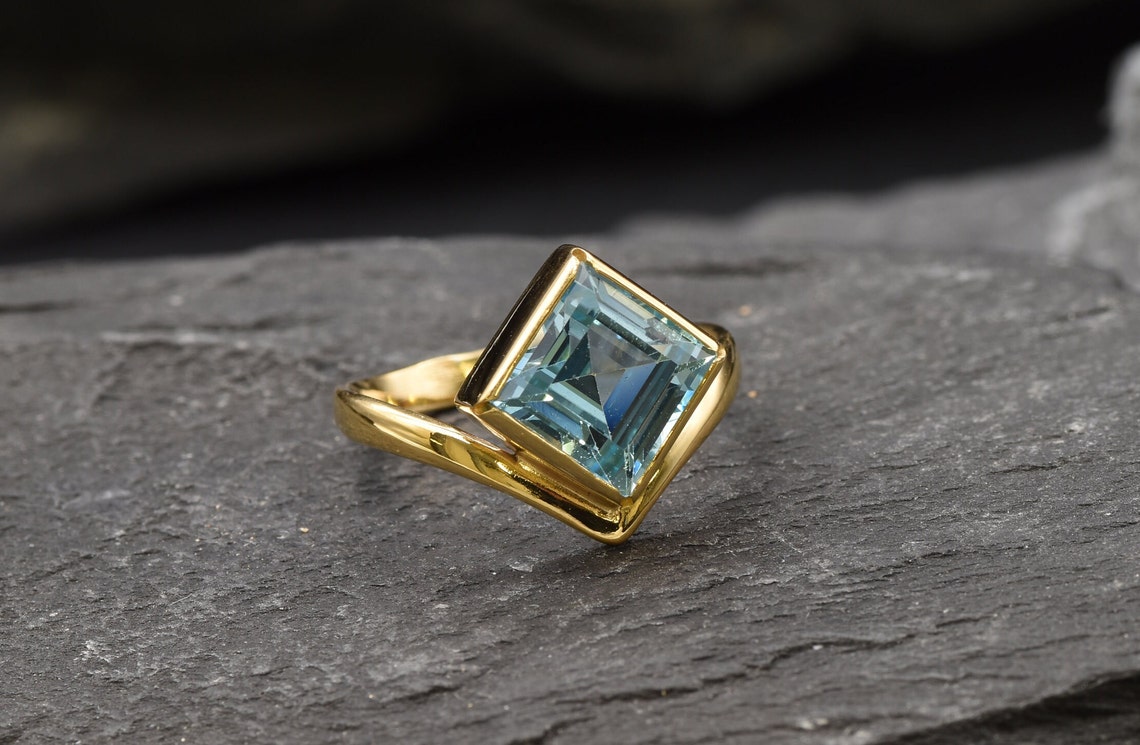 Gold Blue Topaz Ring Square Ring Natural Blue Topaz - Etsy