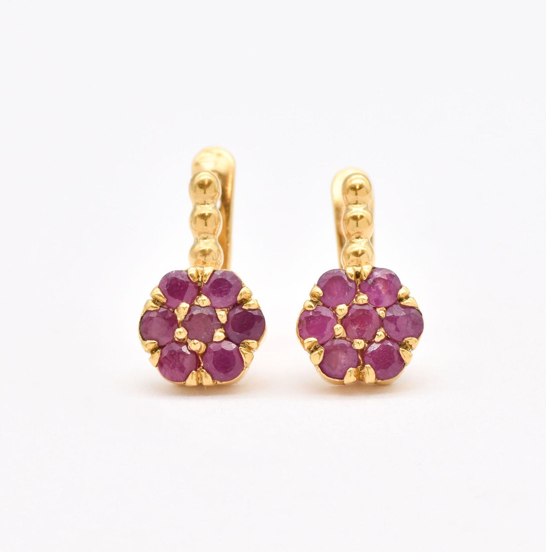 Ruby Gold Earrings, Flower Ruby Earrings, Genuine Ruby Earrings, Gold ...
