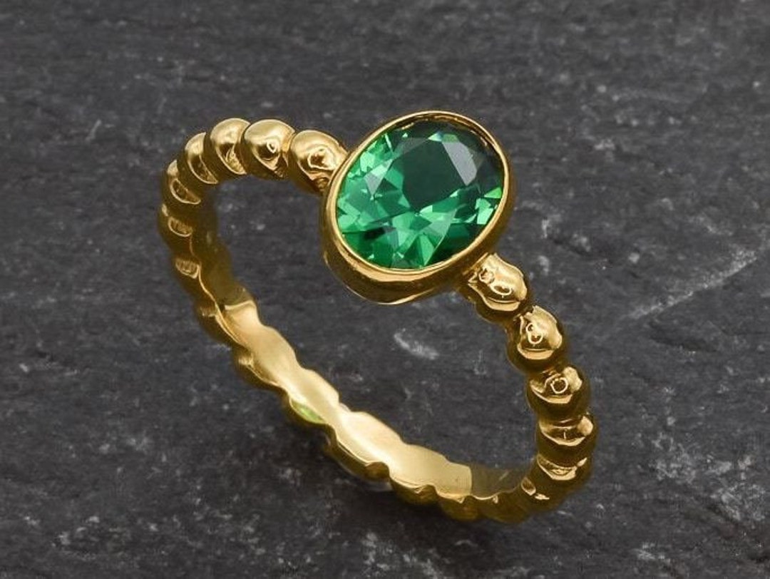 Gold Emerald Ring, Created Emerald, Gold Solitaire Ring, Gold Bubble ...