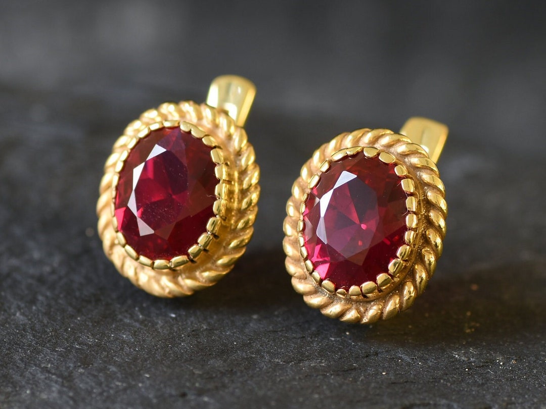 Gold Ruby Earrings, Created Ruby, Vintage Earrings, Gold Plated Earrings, Red Ruby Studs, Red ...
