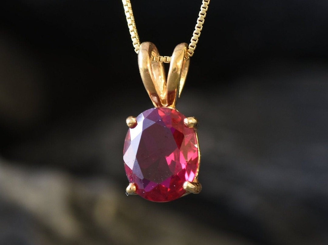 Gold Ruby Pendant, Created Ruby, Red Oval Pendant, Gold Plated Pendant ...
