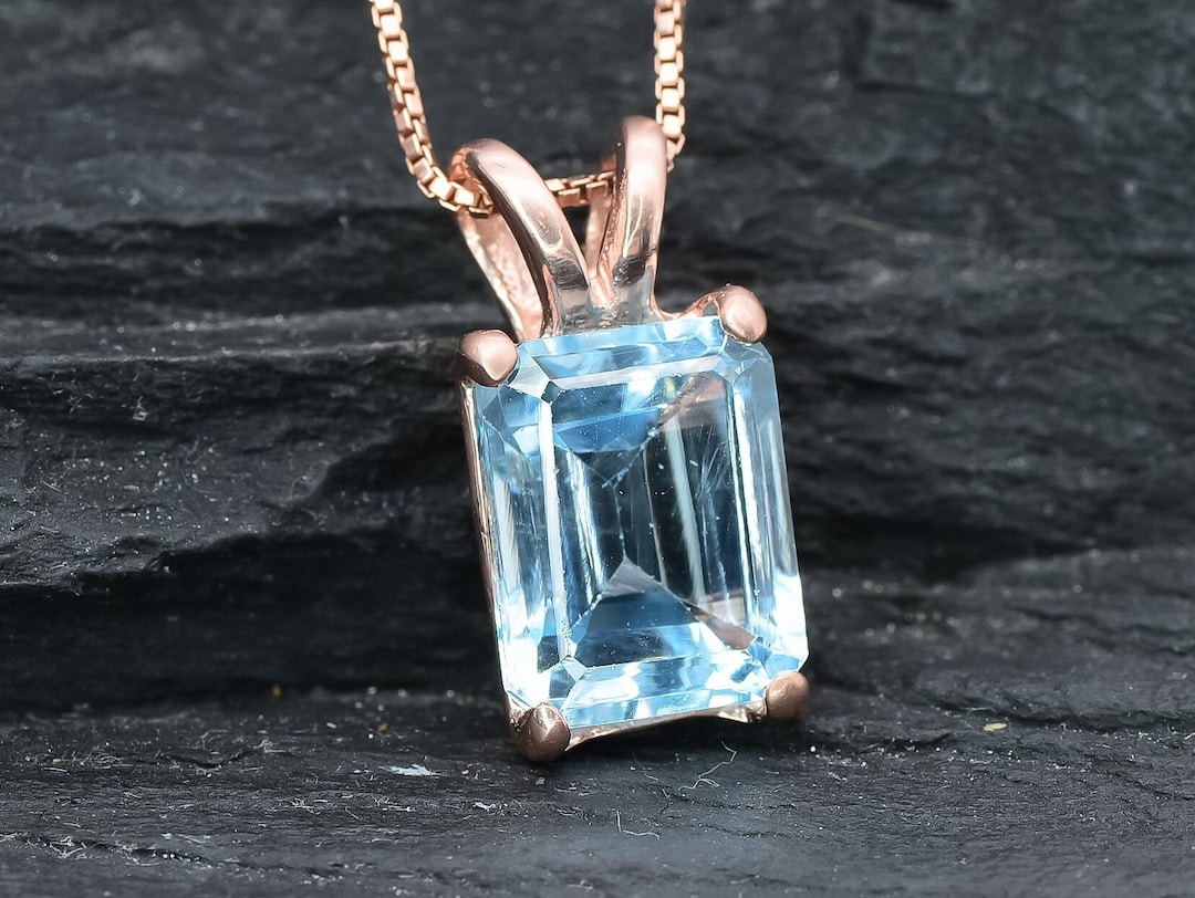 Blue Topaz Pendant, Emerald Cut Topaz Pendant, Rose Gold Necklace ...