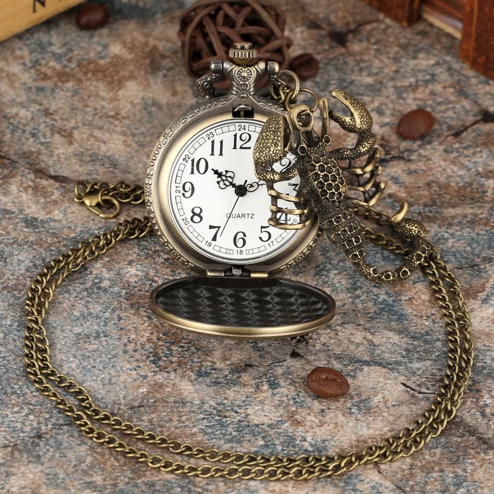 Vintage Retro Scorpion Pocket Watch 3D Bronze Quartz Watch Analog Chain ...