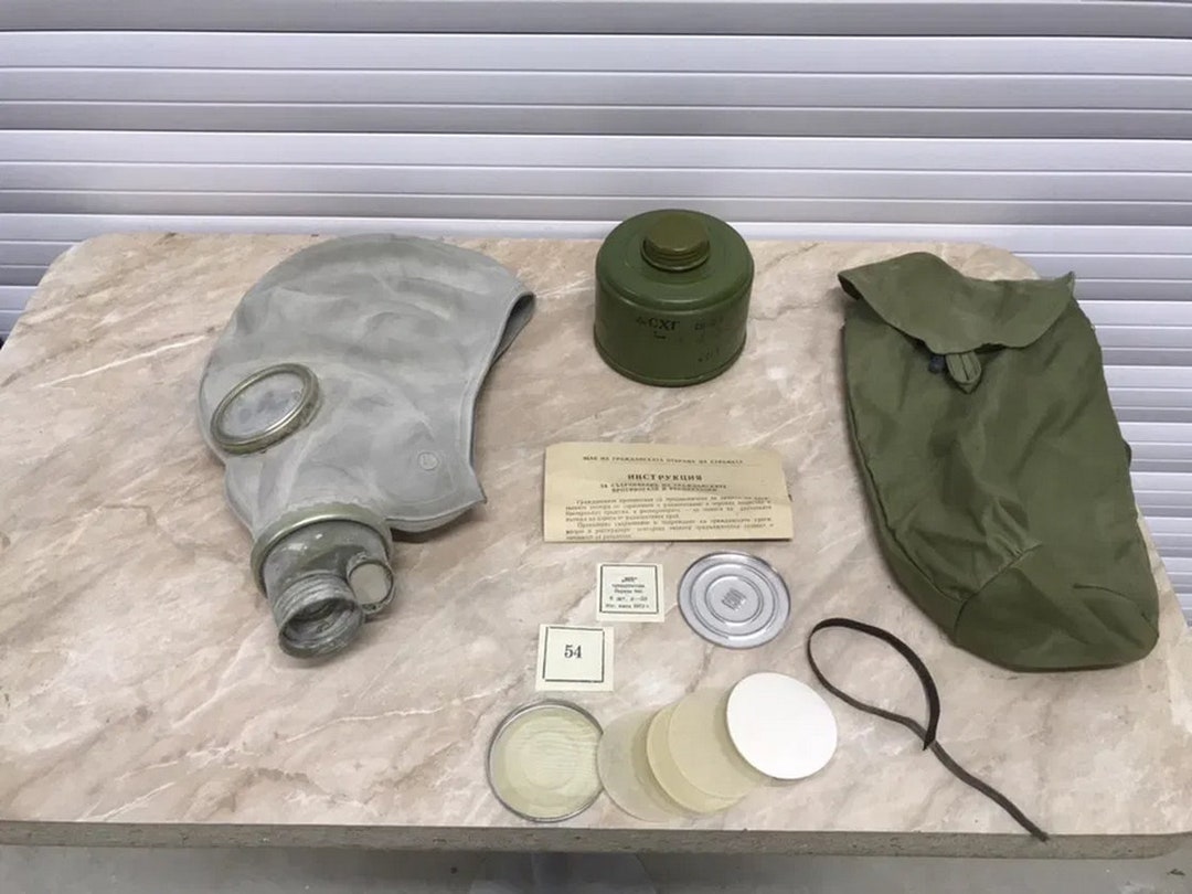 Vintage Bulgarian New Gas Mask Set + Filter + Bag, Gray, Bulgarian Gas ...