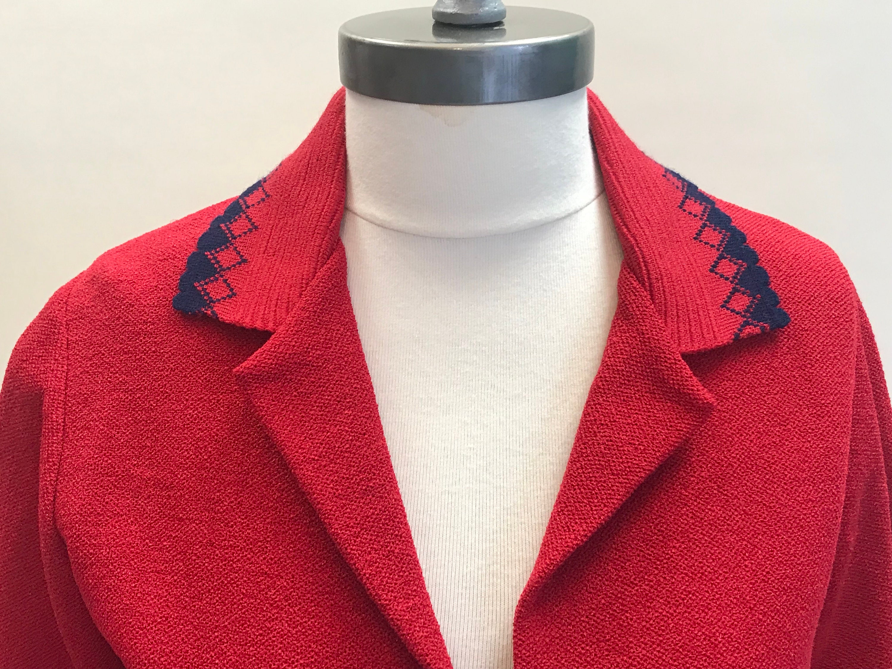 Vintage Red Knit Short Jacket With 3/4 Length Sleeves With Navy Diamond ...