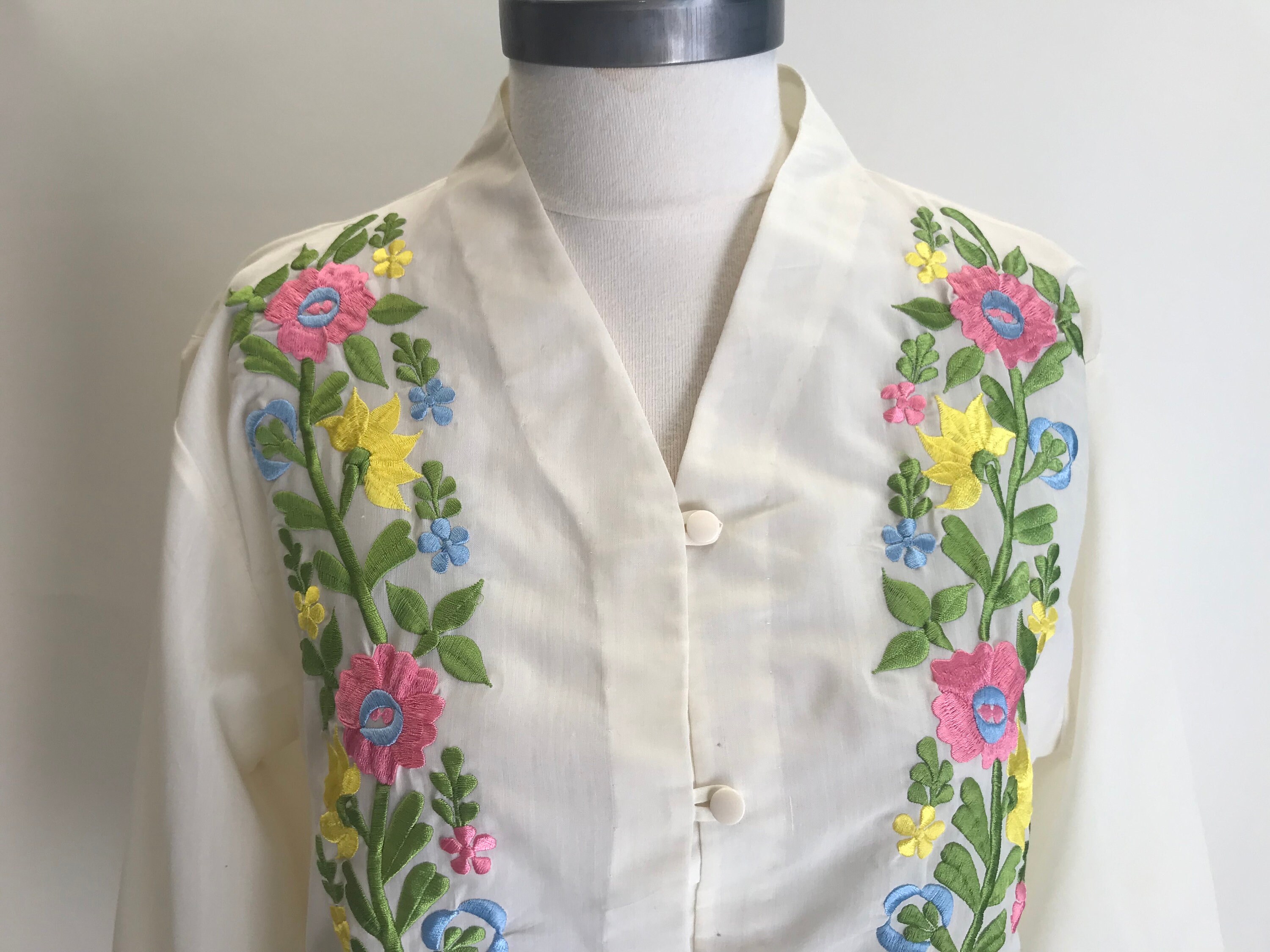 Off White Button up Tunic Embroidered With Pink, Yellow and Blue ...