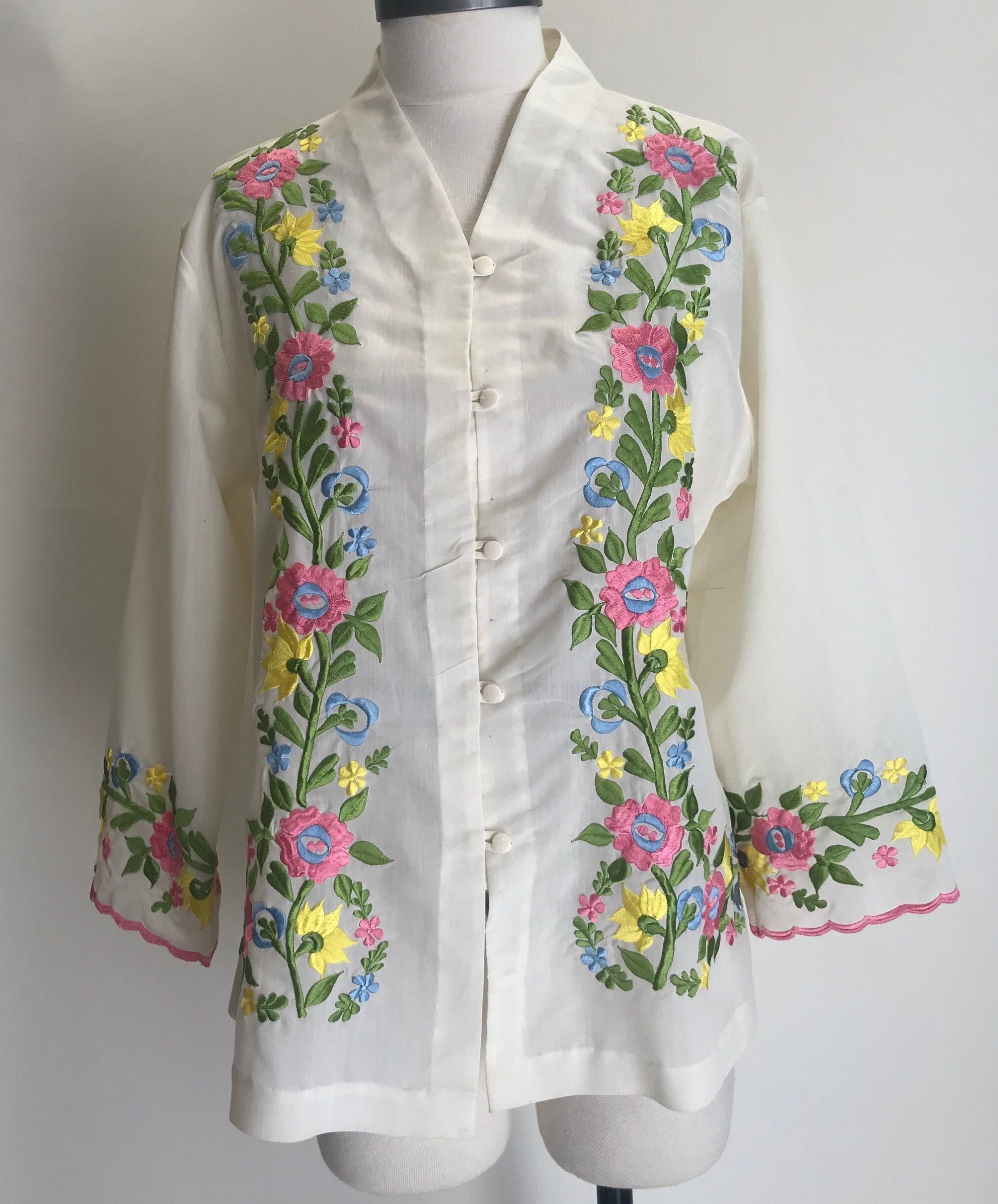 Off White Button up Tunic Embroidered With Pink, Yellow and Blue ...