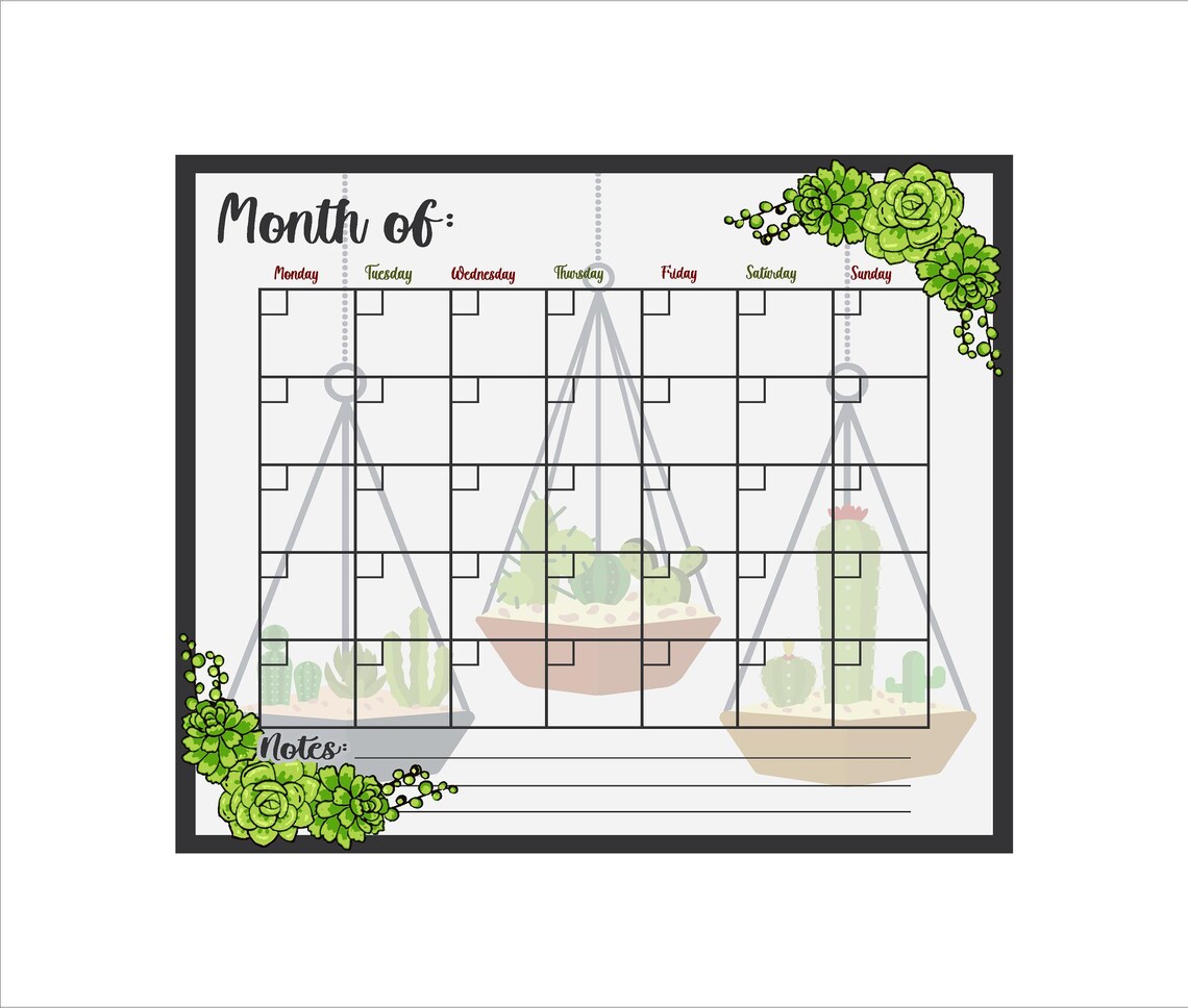 Succulents and Cacti Theme Whiteboard Calendar GIANT Magnet | Etsy