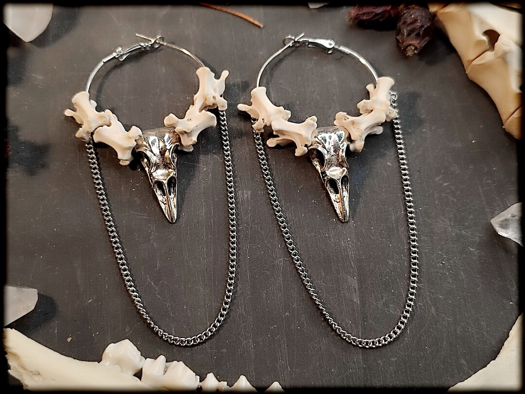 Occult Bone Earrings With Ravenskulls // Natural Jewelry Bone - Etsy
