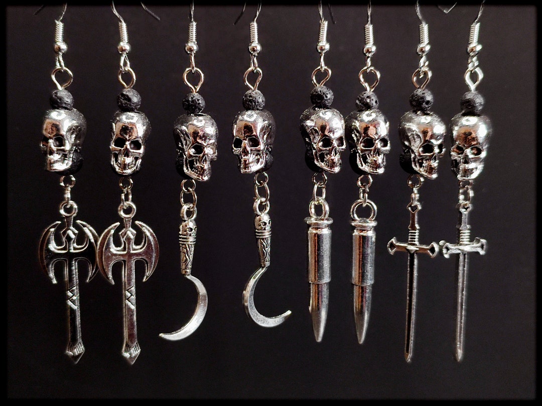 Skull Lava Bead Earrings // Sword Earrings, Dagger Earrings, Cartridge ...
