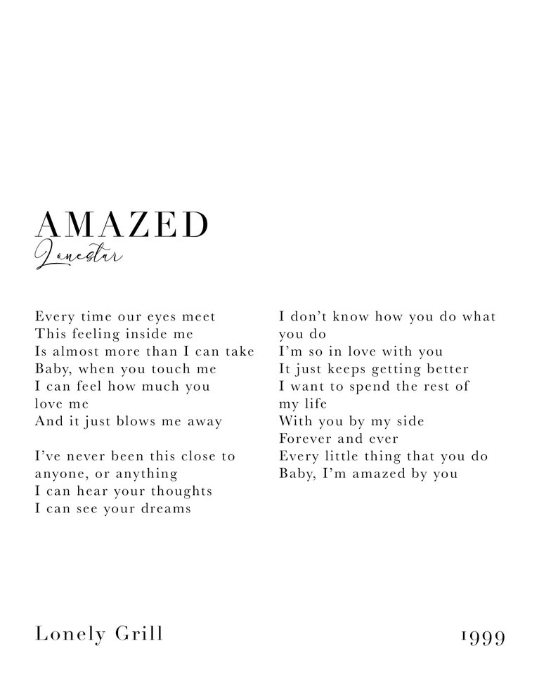 Amazed Lyric Poster, Song Lyric Poster, First Dance Song Print ...
