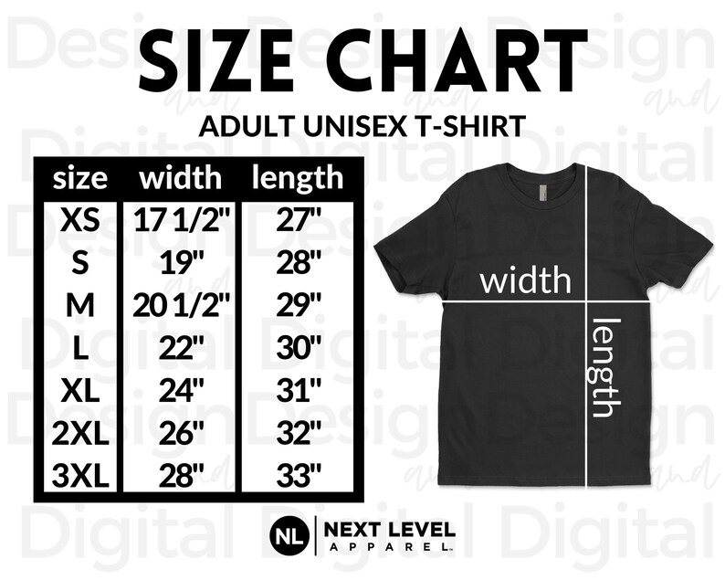 Next Level 3600 Size Chart | Next Level Adult Unisex T-shirt Size Chart ...