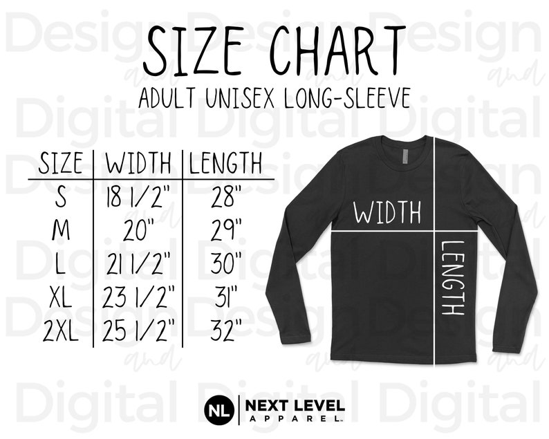 Next Level 3601 Size Chart | Next Level Adult Unisex Long-sleeve T ...