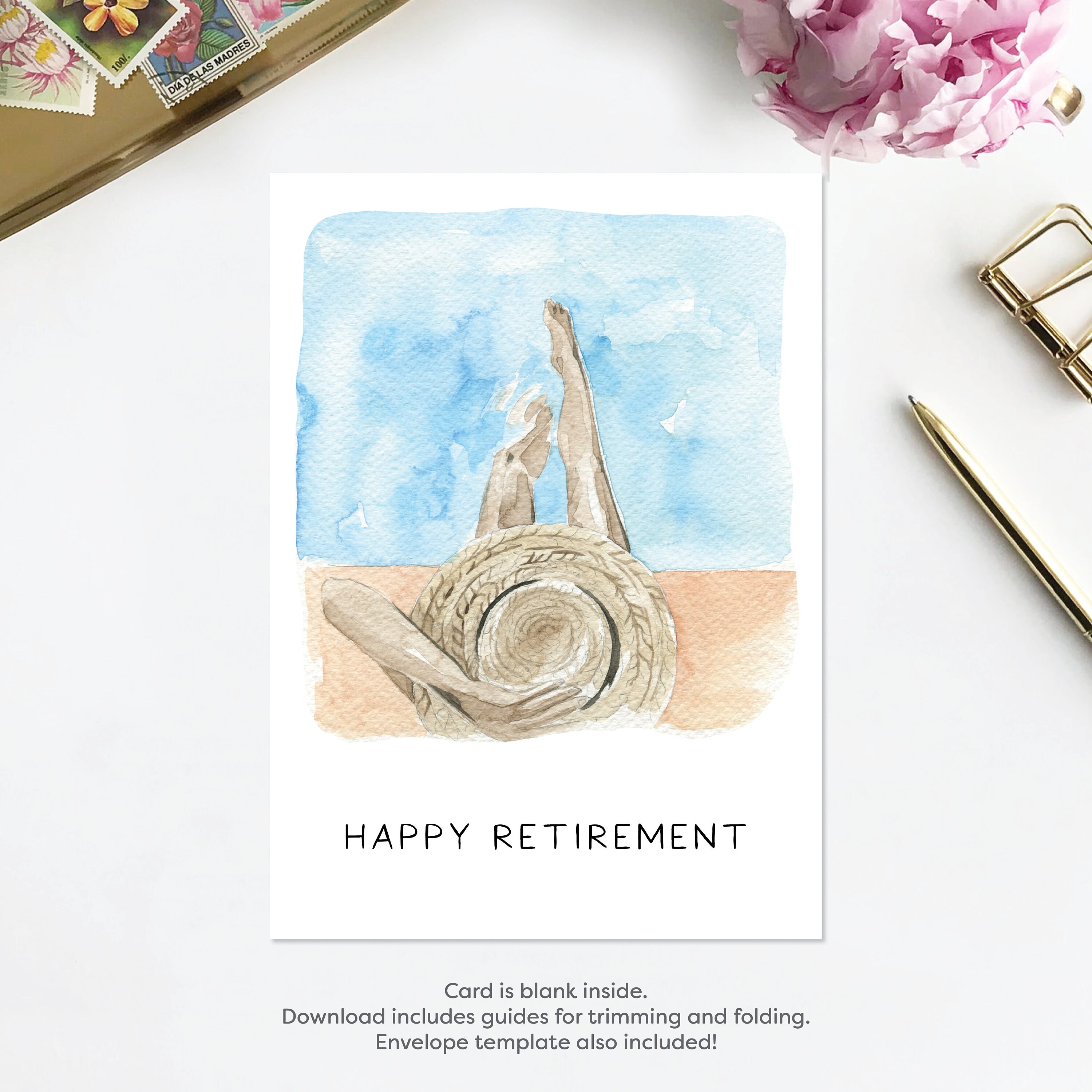 Watercolor Beach Retirement Card: Instant Download (envelope Template ...