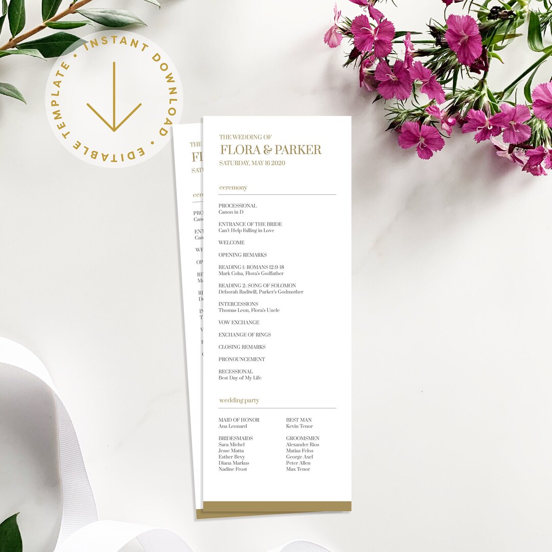Gold Wedding Ceremony Program Template: Elegant Order of Service (DIY ...
